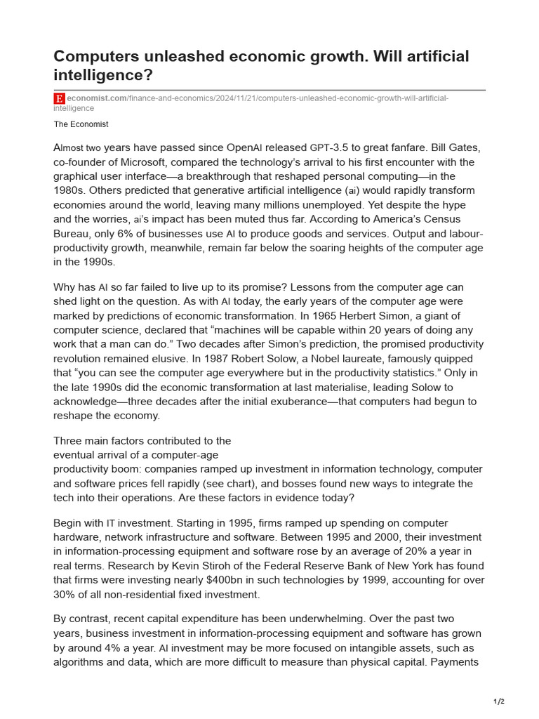 Computers Unleashed Economic Growth Will Artificial Intelligence | PDF ...