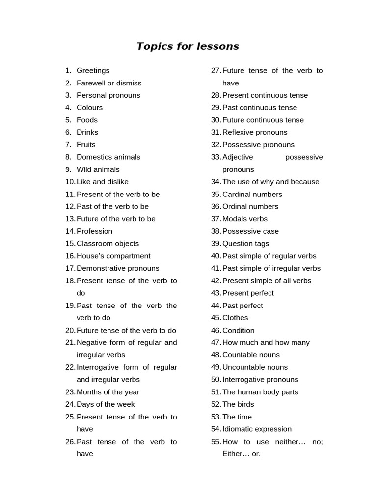 topics for lessons | PDF | Verb | Grammatical Tense