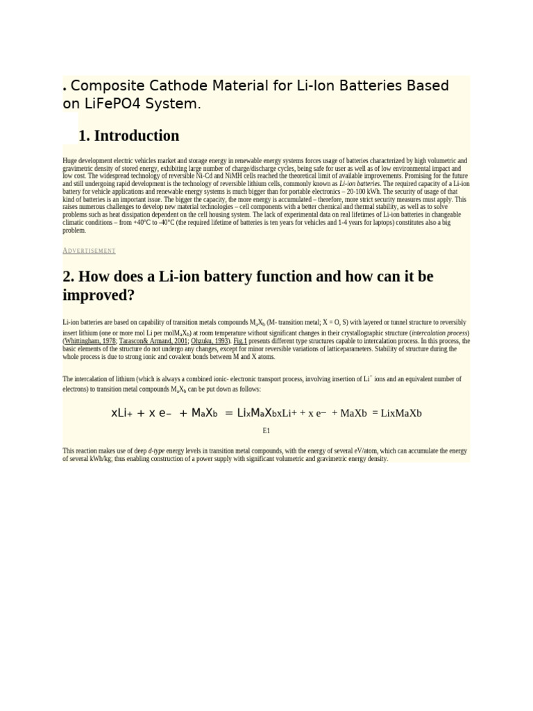 Composite Cathode Material For Li | PDF | Lithium Ion Battery | Electrode