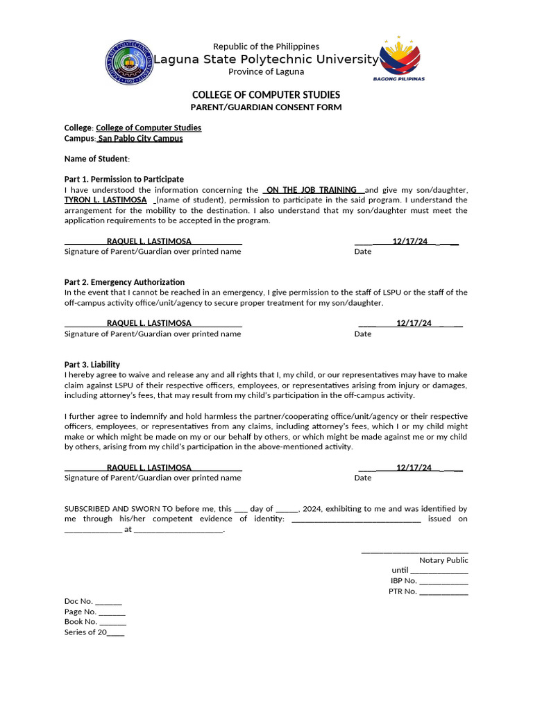 OJT Parent Consent Form Template | PDF | Private Law | Common Law