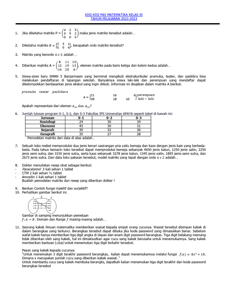 Kisi-Kisi PAS2024 - Matematika Kelas XI | PDF