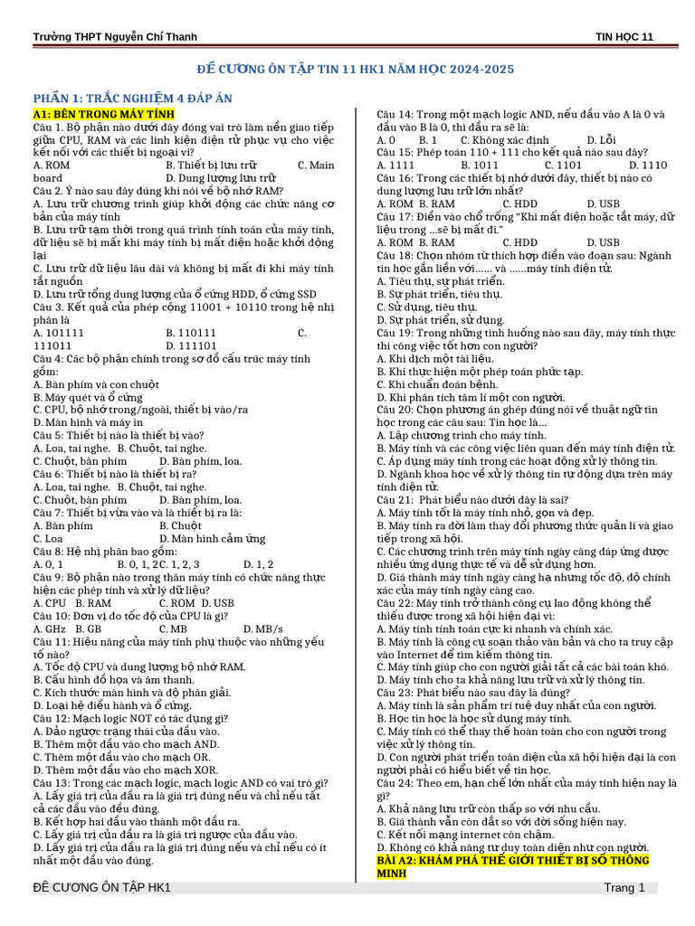 HS - K11 - Decuong - Ontap - HK1 - 24 25 | PDF