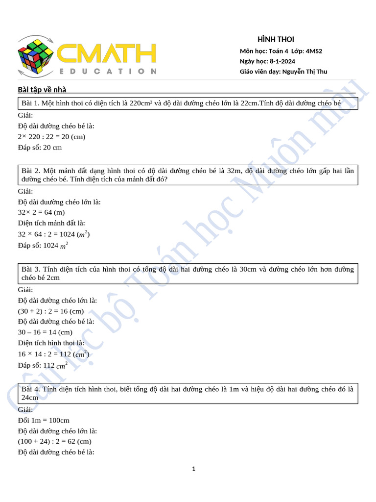 Đáp án BTVN 8.1 4MS2 hình thoi | PDF