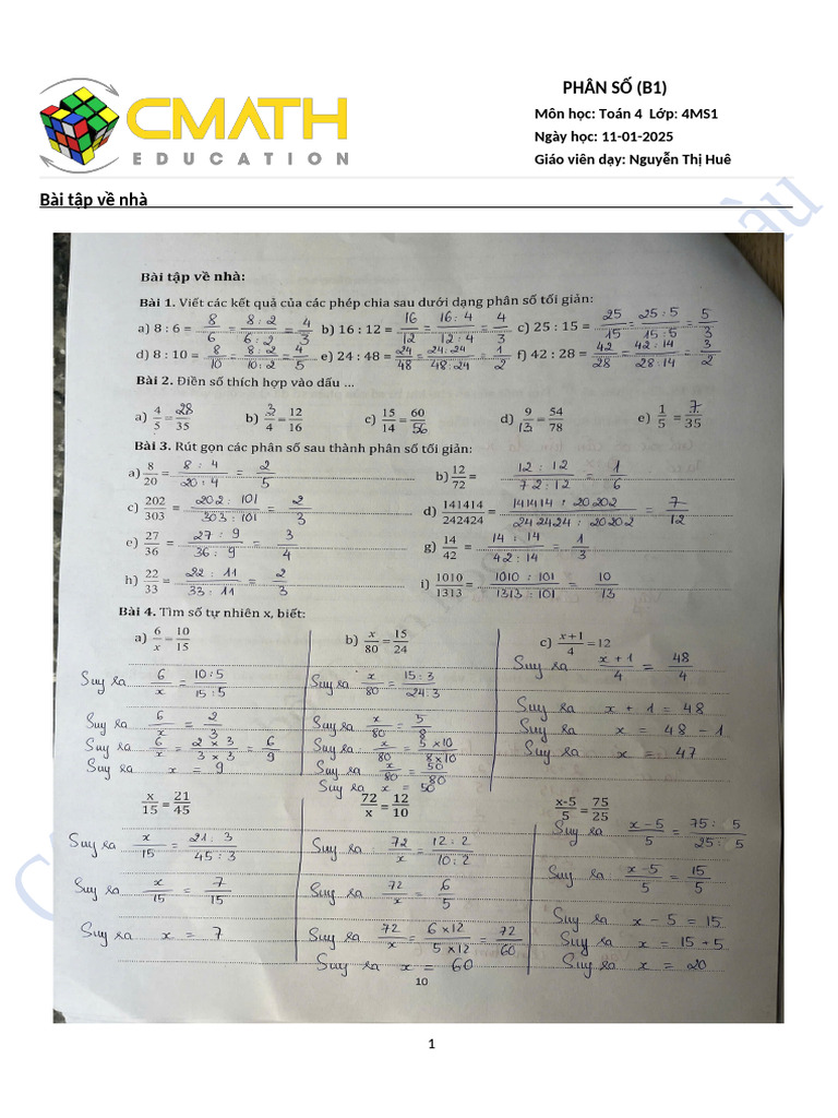 Đáp án BTVN 11.1 4MS1 PHÂN SỐ B1 | PDF
