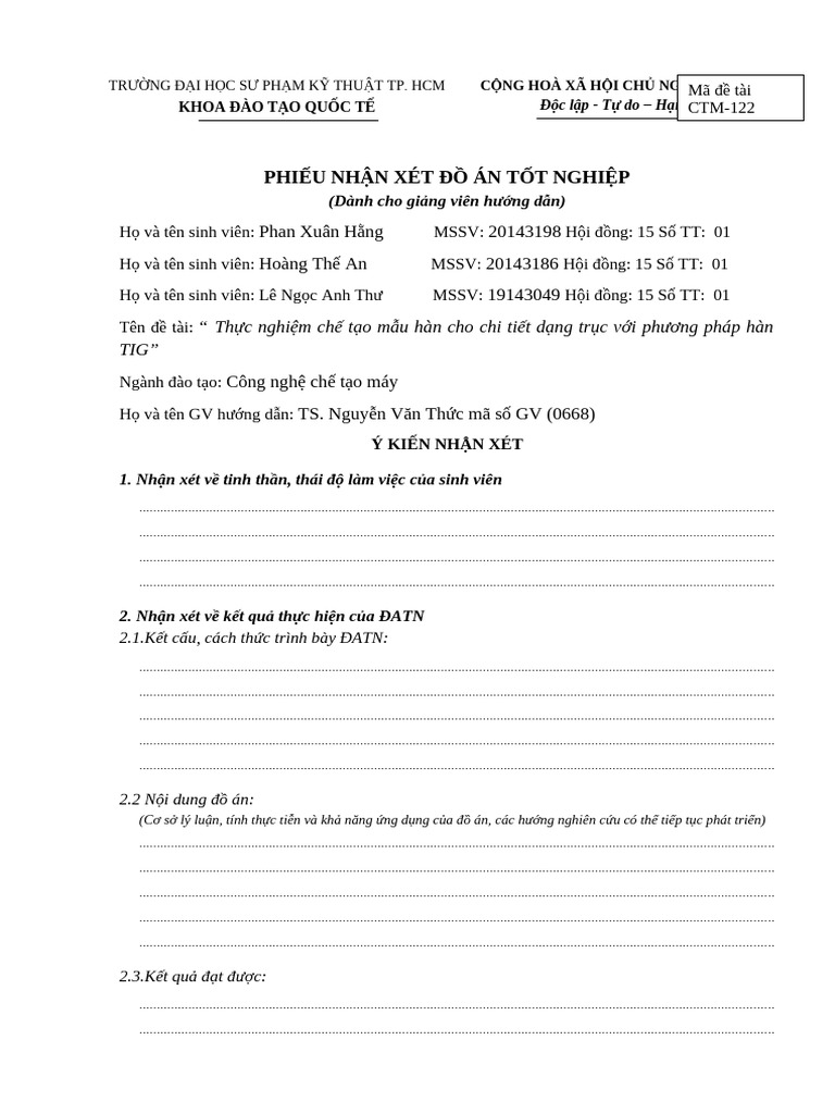 BM 6 - Nhan Xet 1 DATN Cua GV Huong Dan | PDF