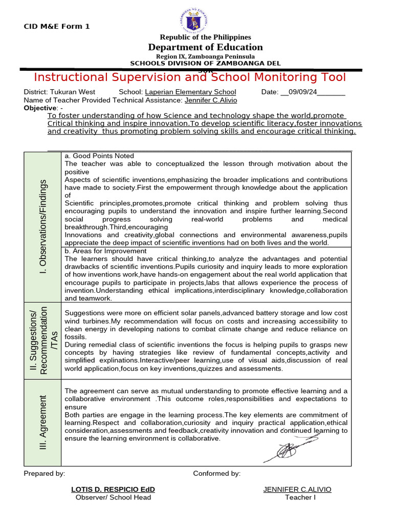 CID FORM 1-Alivio | PDF | Learning | Critical Thinking