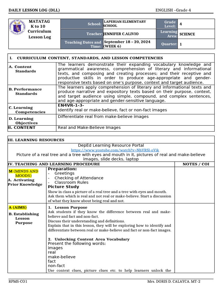 DLL MATATAG - ENGLISH 4 Q1 W8-For COT | PDF | Reading Comprehension | Learning