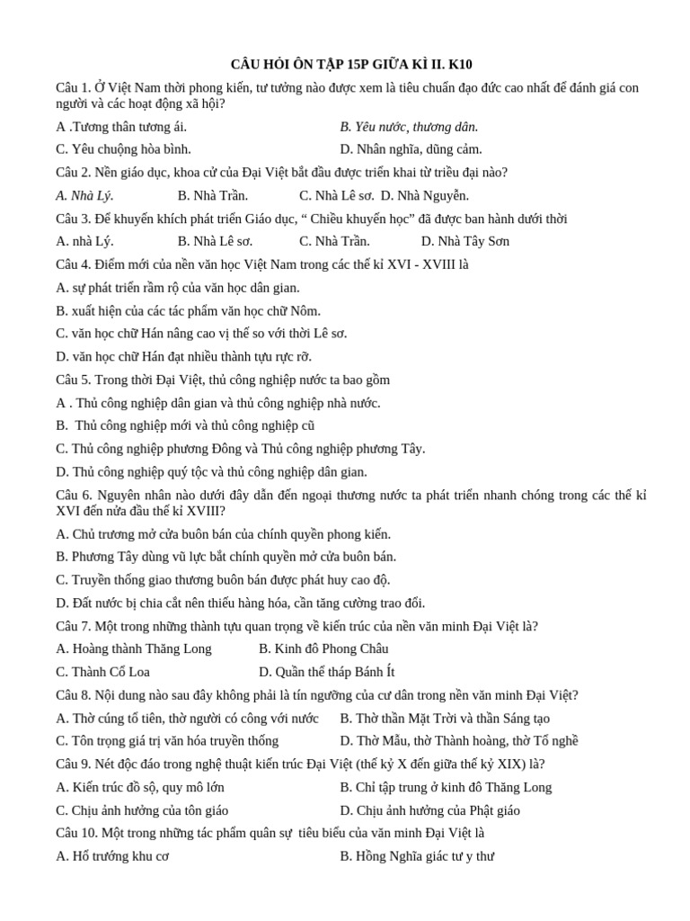 Đề Cương Ktra 15p k10. (23-24) | PDF