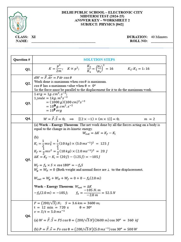 Delhi Public School - Electronic City MIDTERM TEST (2024-25) Answer Key ...