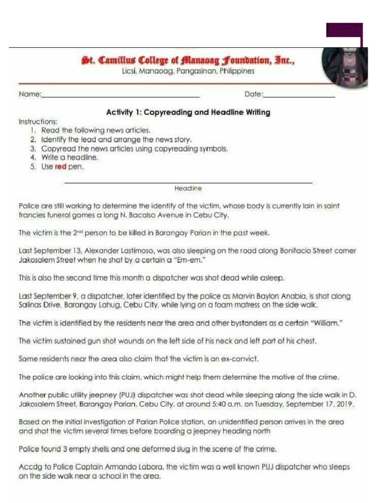 Copy Reading and Headline Writing Worksheet | PDF