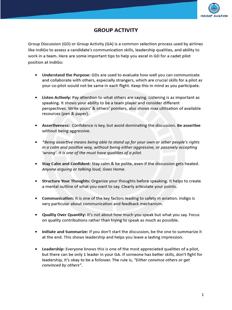 Tips for IndiGo Cadet Pilot GD Success | PDF | Body Language | Leadership