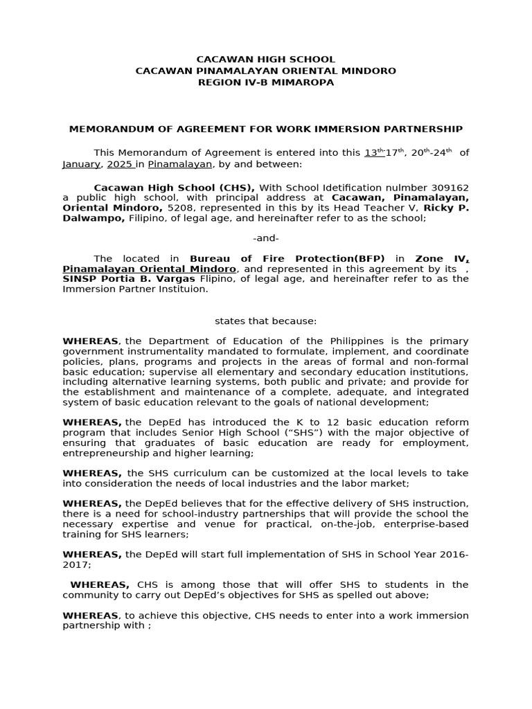 Cacawan MOA(BFP) | PDF | Intellectual Property | Employment