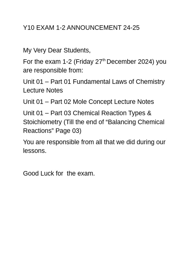 Y10 Exam 1-2 Announcement 24-25 | PDF