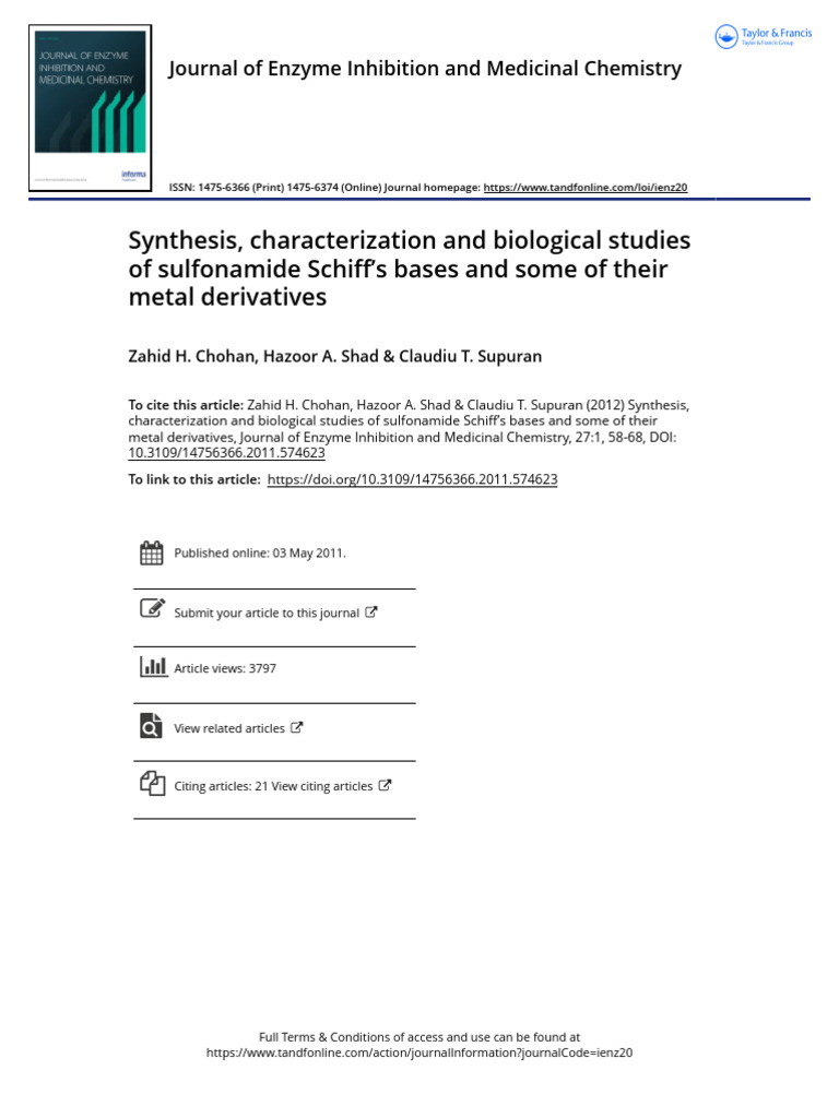 Synthesis Characterization and Biological Studies of Sulfonamide Schiff S Bases and Some of ...