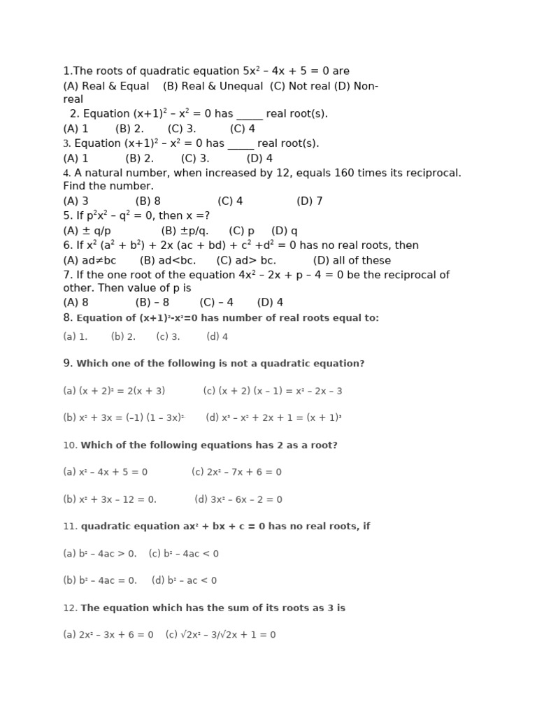 class x chp4 mcq | PDF | Quadratic Equation | Mathematics