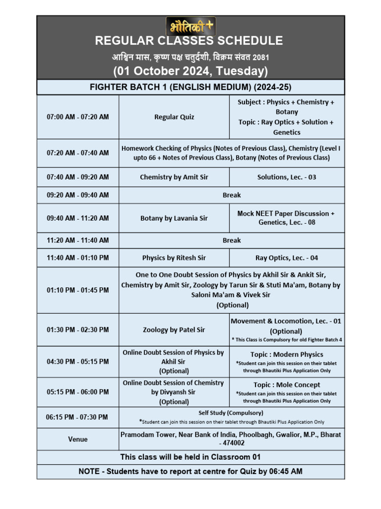 Regular Classes Schedule Fighter Batch 1 (01!10!2024) | PDF | Physical ...