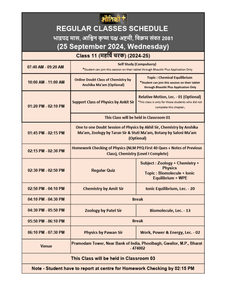 Regular Classes Schedule (25!09!2024) | PDF | Chemistry | Physical Sciences