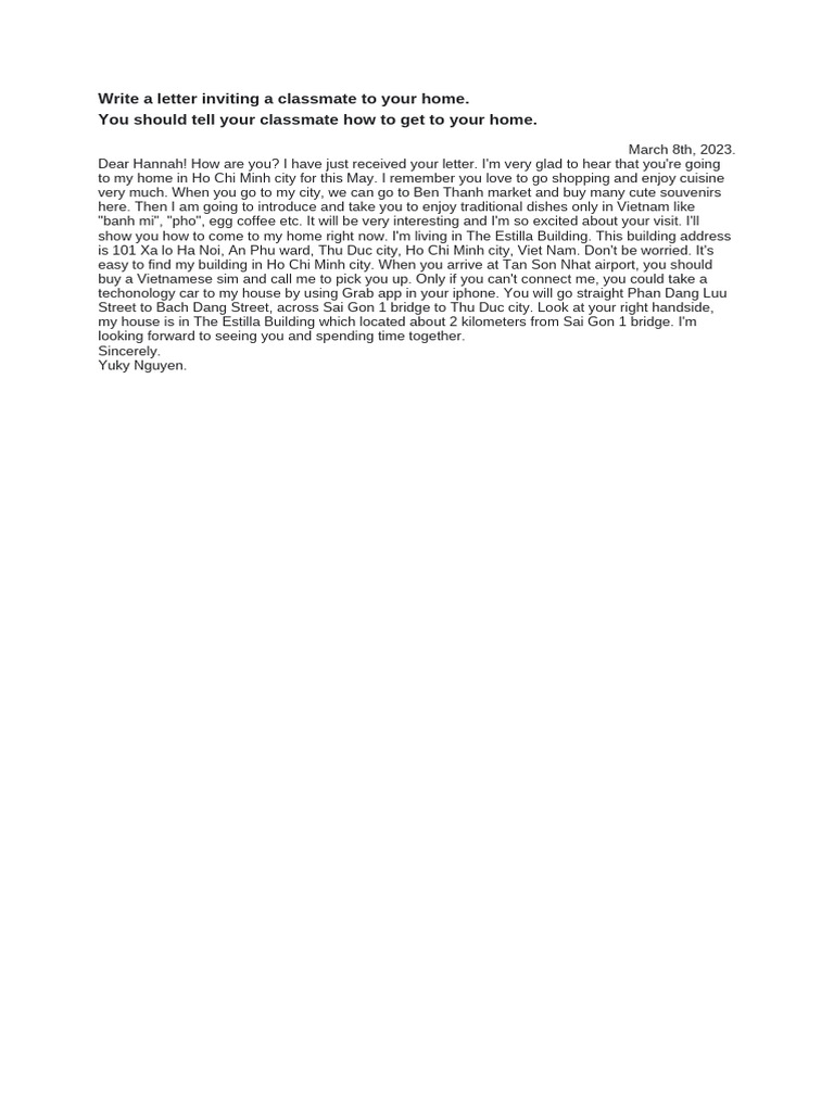Letter 2 - Write A Letter Inviting A Classmate To Your Home | PDF
