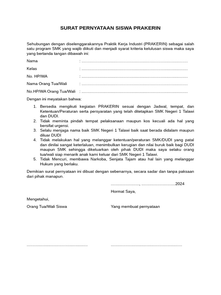 Surat Pernyataan Prakerin Untuk Siswa | PDF