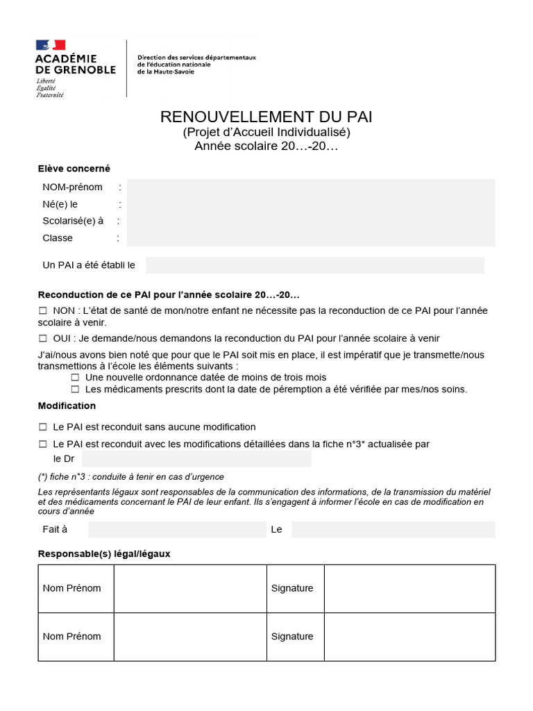 Renouvellement du PAI Scolaire 2025-2026 | PDF