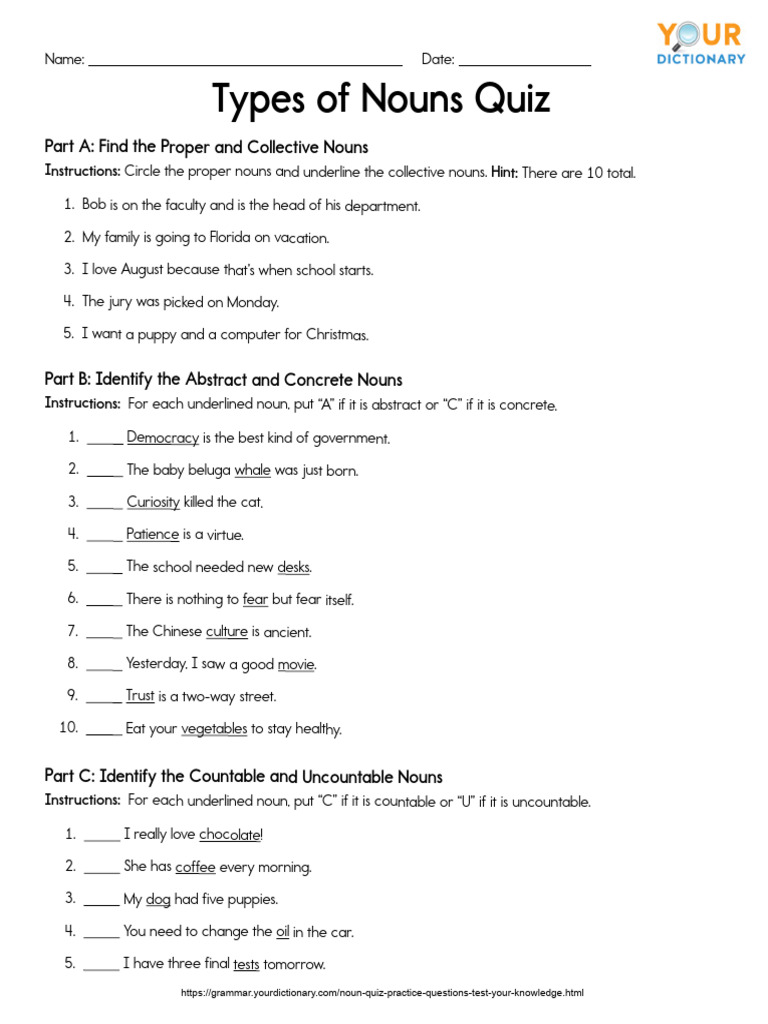 Types of Nouns Quiz | PDF | Noun | Semantic Units