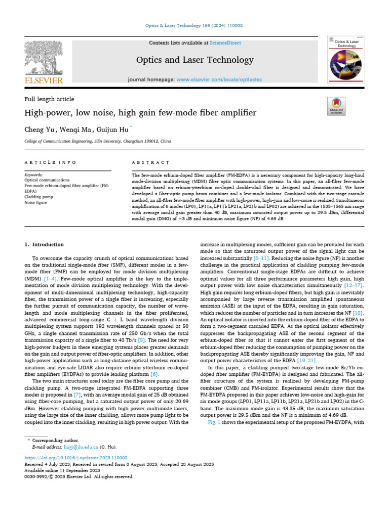 High-Power, Low Noise, High Gain Few-Mode Fiber Amplifier | PDF | Optical Fiber | Fiber Optic ...