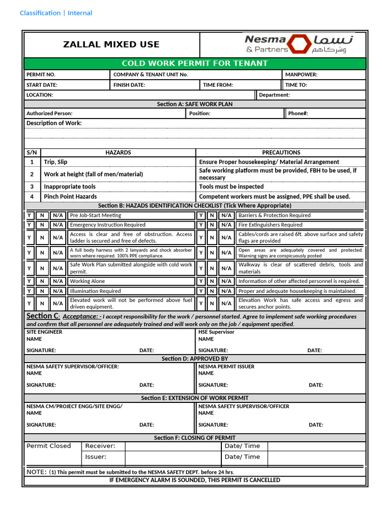 COLD WORK PERMIT[1] | PDF | Workplace | Working Conditions