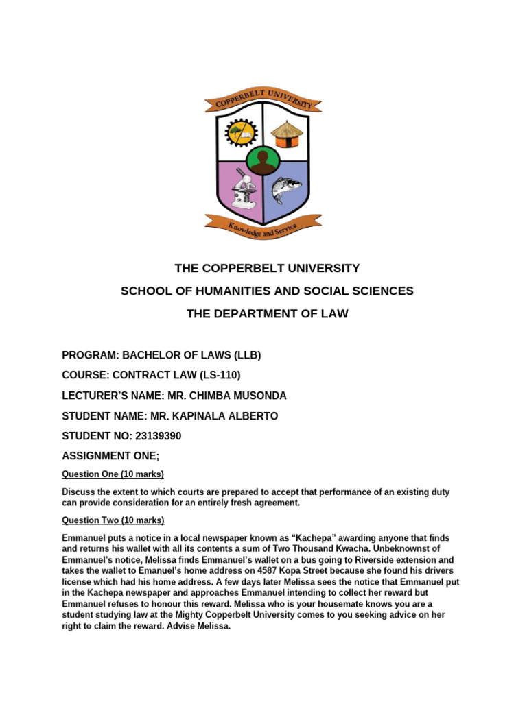 Contract Law Assignment 1 | PDF | Consideration | Private Law