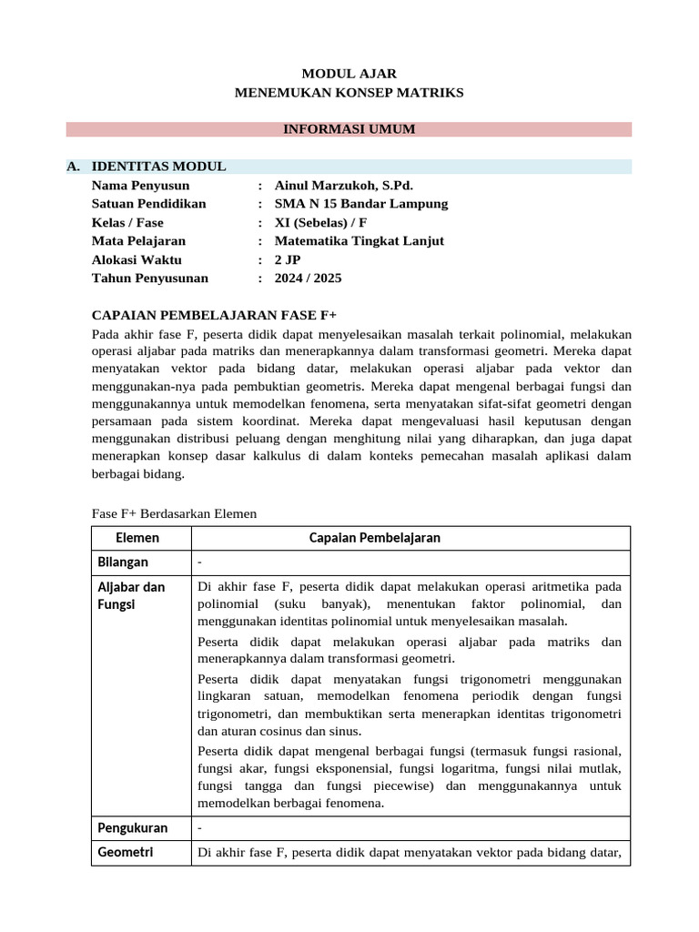 Modul Ajar Matriks Fase F | PDF