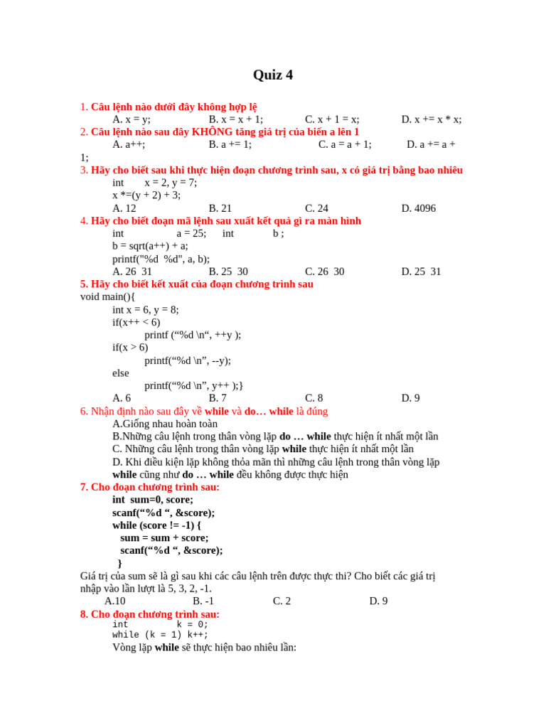 Quiz 4 - Lenh Lap | PDF