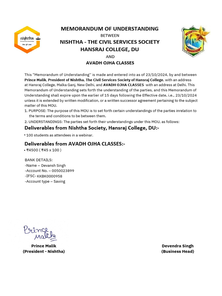 MoU - Avadh Ojha Classes PDF | PDF