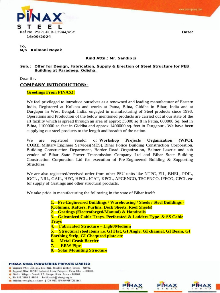 PSIPL-Techno-Commercial Offer | PDF | Framing (Construction) | Screw