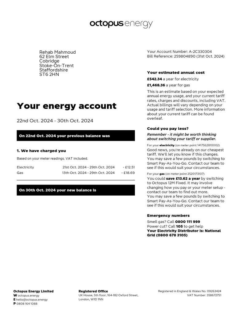 Octopus Energy Bill and Contact Details | PDF | Value Added Tax