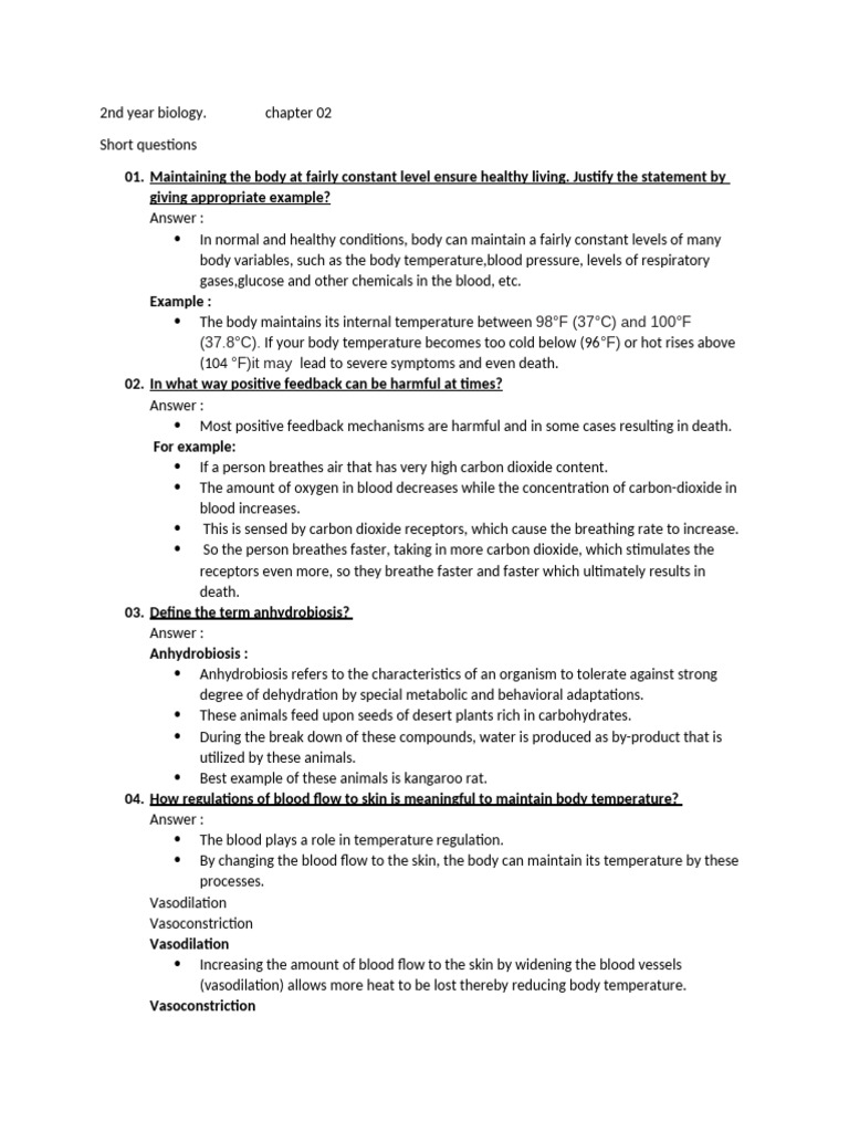 chapter Homeostasis short questions | PDF | Carbon Dioxide | Physiology