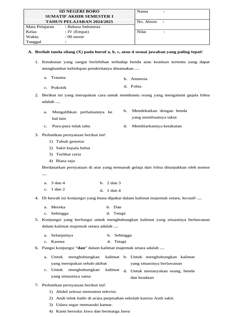 Soal Pas Bahasa Indonesia Kelas 4 Semseter 1 | PDF