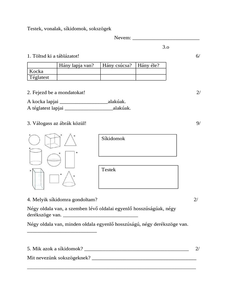Testek, Síkidomok, Vonalak, Sokszögek | PDF