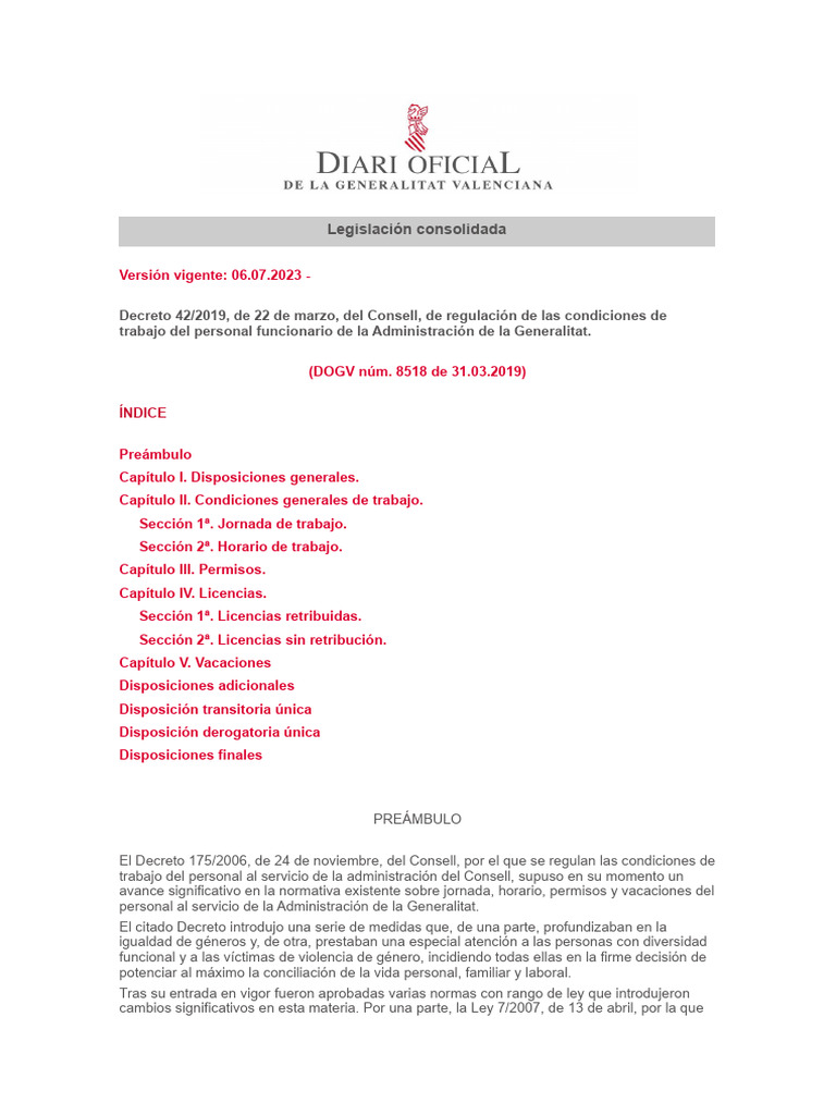 DECRETO 42-2019 Regulación de Las Condiciones de Trabajo Del Personal Funcionario de La ...