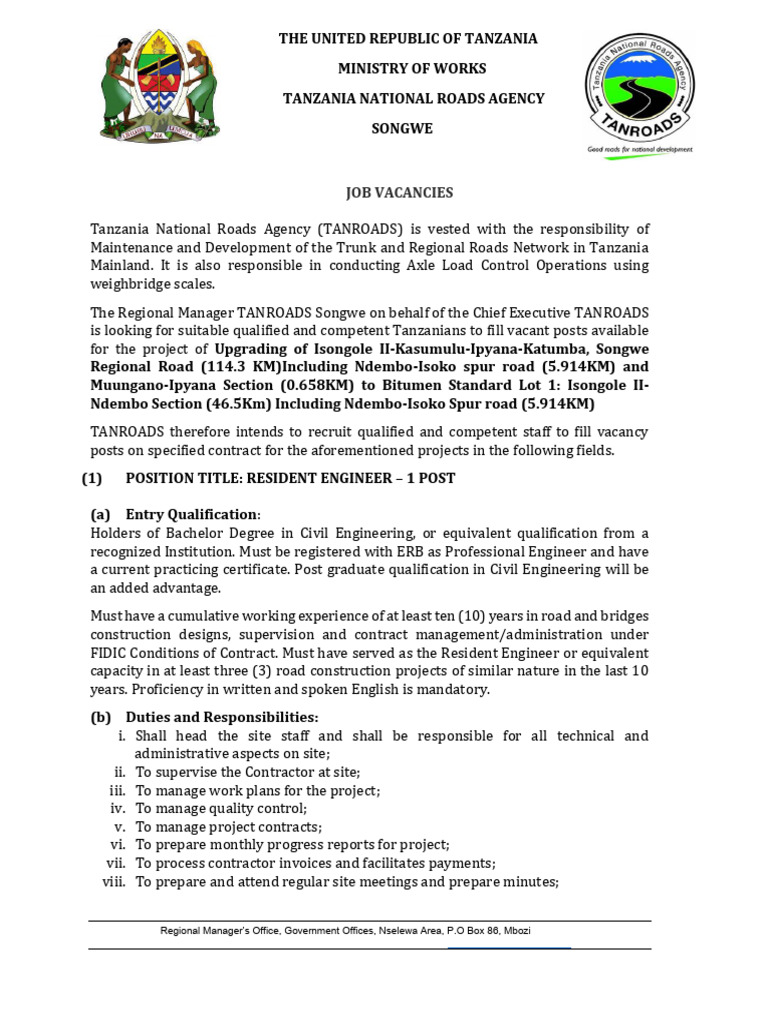 TANROADS Songwe Hiring in 12 Positions | PDF | Surveying | Engineer