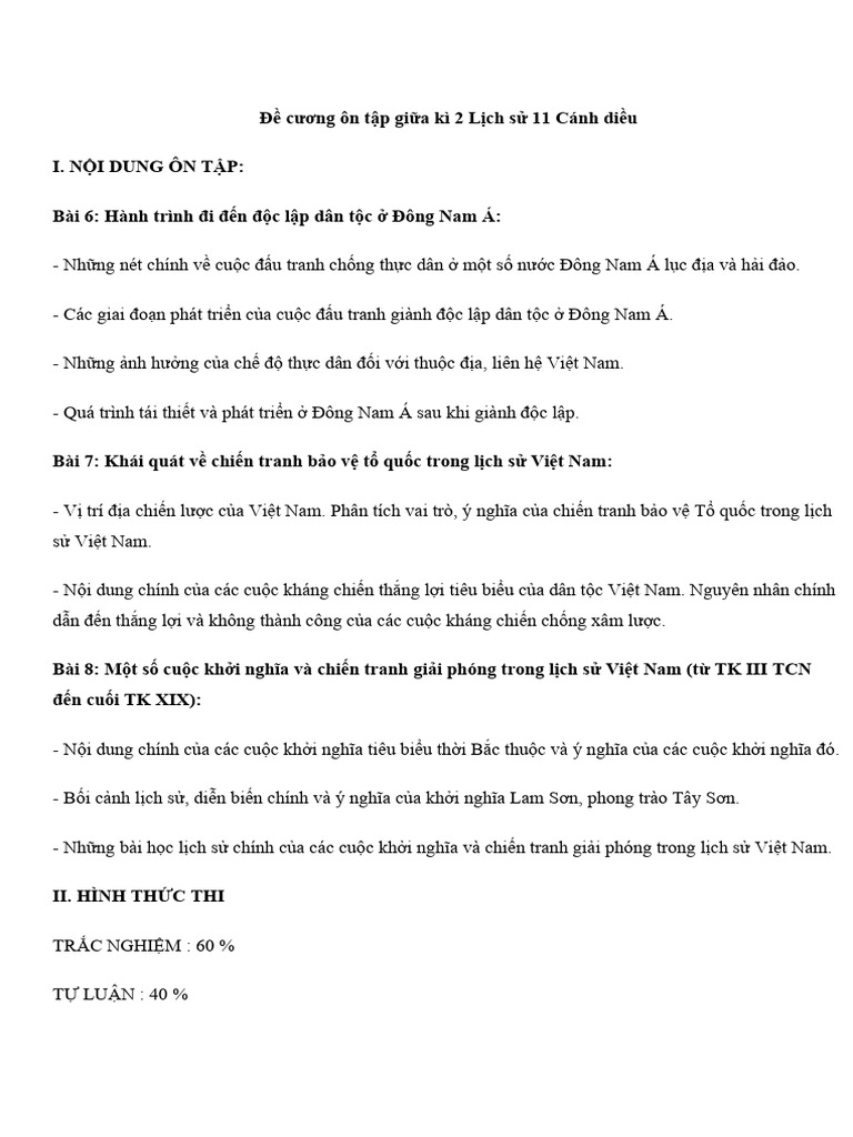 De Cuong on Tap Giua Hoc Ki 2 Mon Lich Su 11 Sach Canh Dieu 42141 | PDF