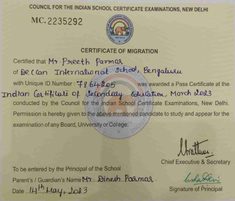 Preeth Parmar Certificate of Migration_compressed | PDF