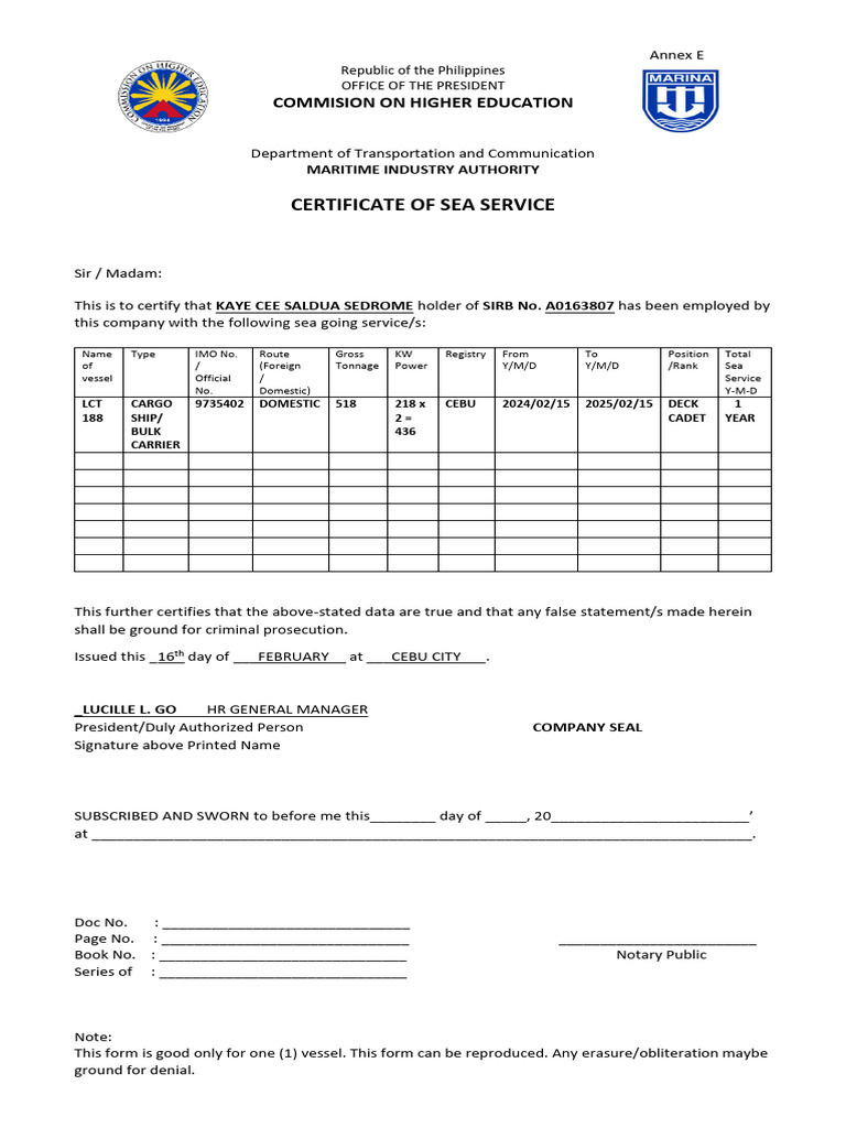 Certificate of Sea Service Annex e | PDF