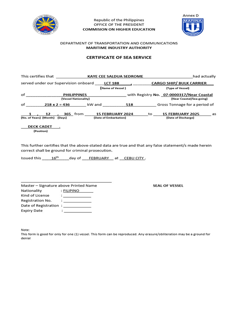 Certificate of Sea Service Annex d | PDF