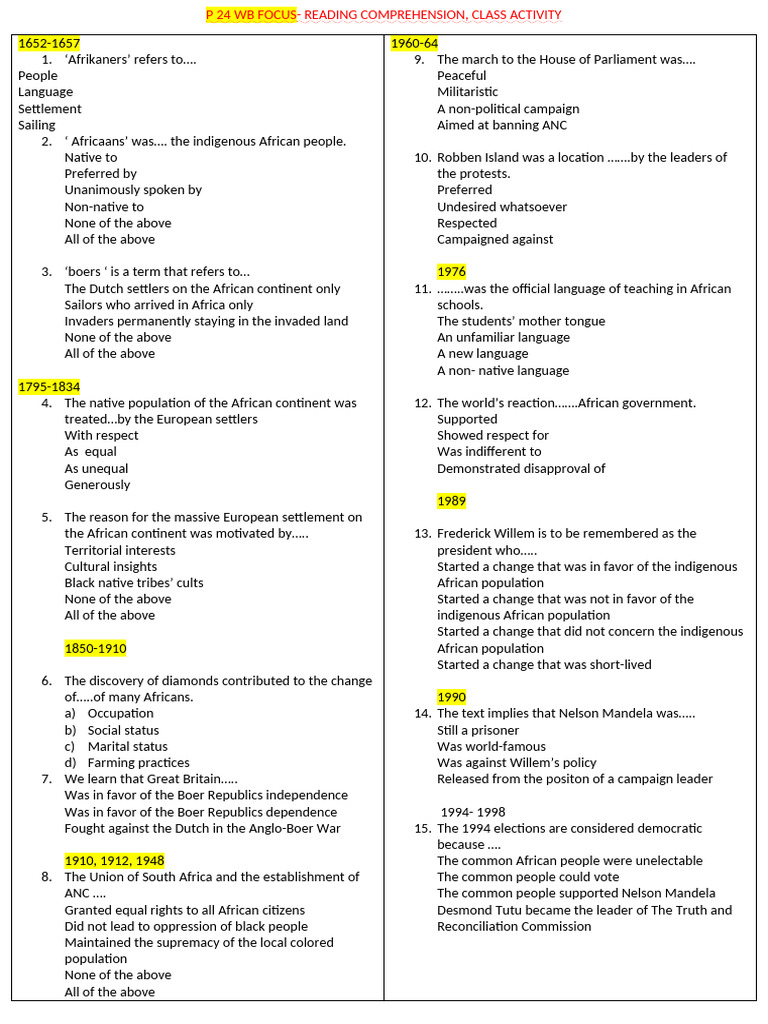 P 24 WB FOCUS - Reading Comprehension, Extra Questions - CLASS ACTIVITY ...