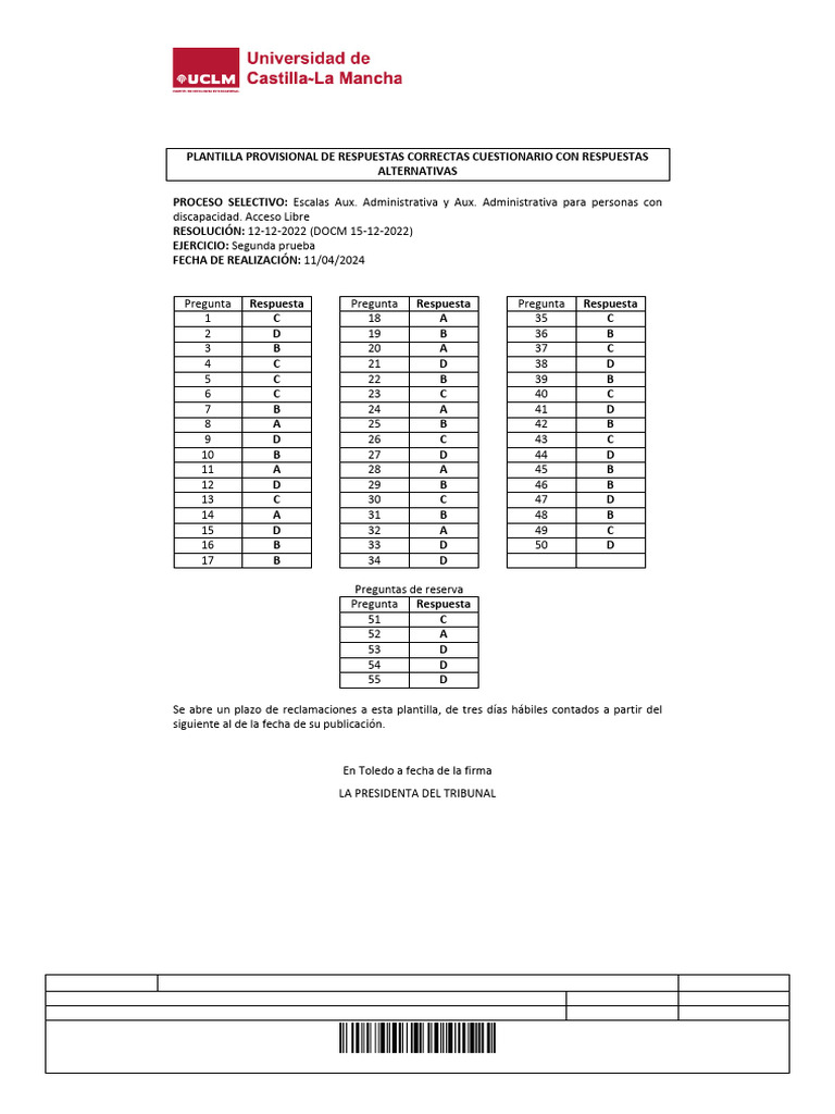 Plantilla Correctora Provisional 2 Prueba (Plazo para Reclamaciones Hasta El 16 04 2024) | PDF