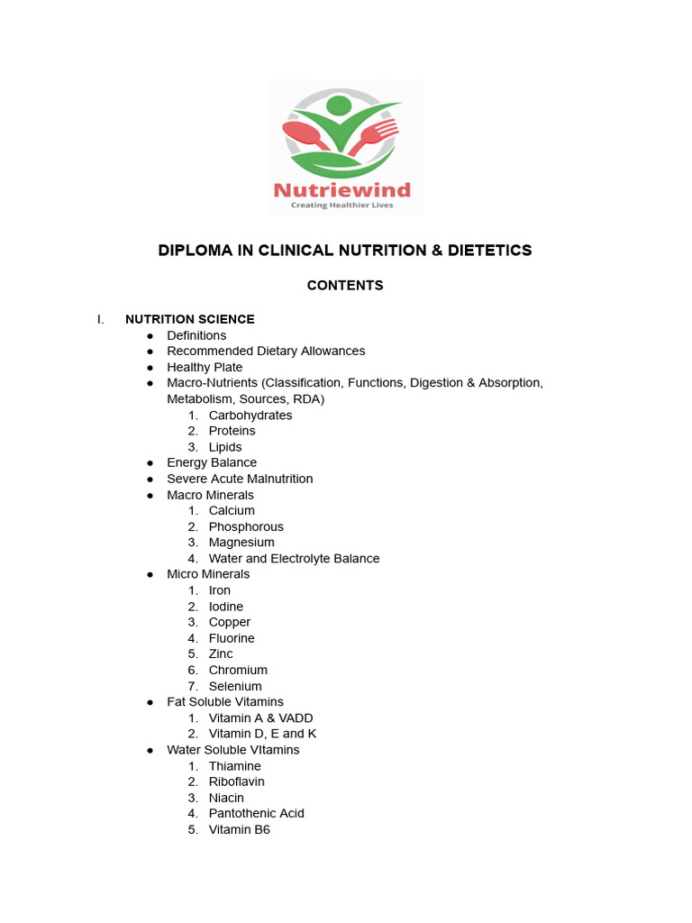 Diploma in CND - 1 Year Syllabus | PDF | Nutrients | Vitamin