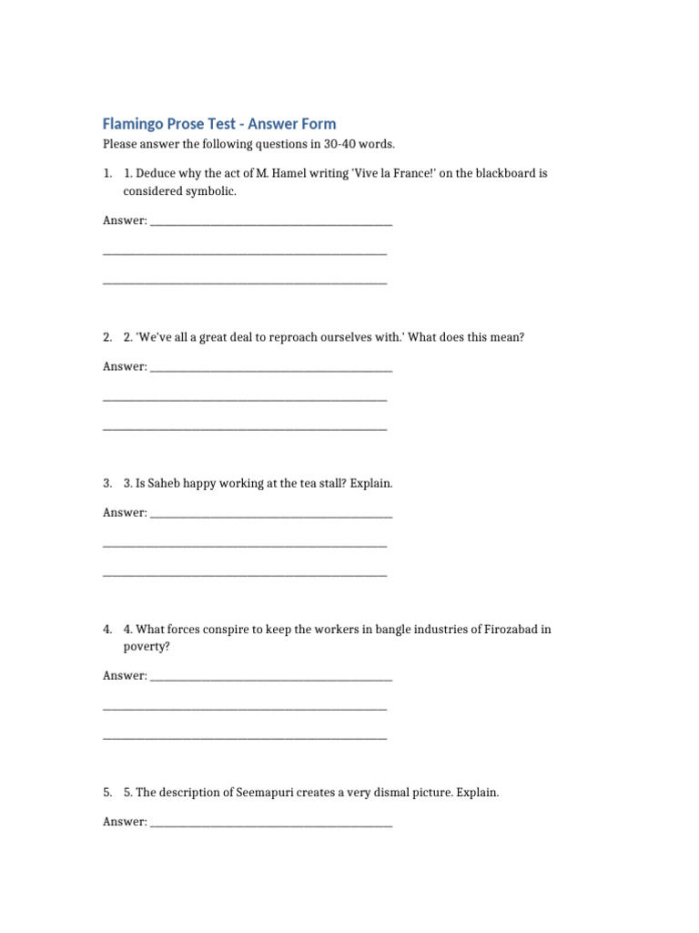 Flamingo Prose Test Answer Form | PDF