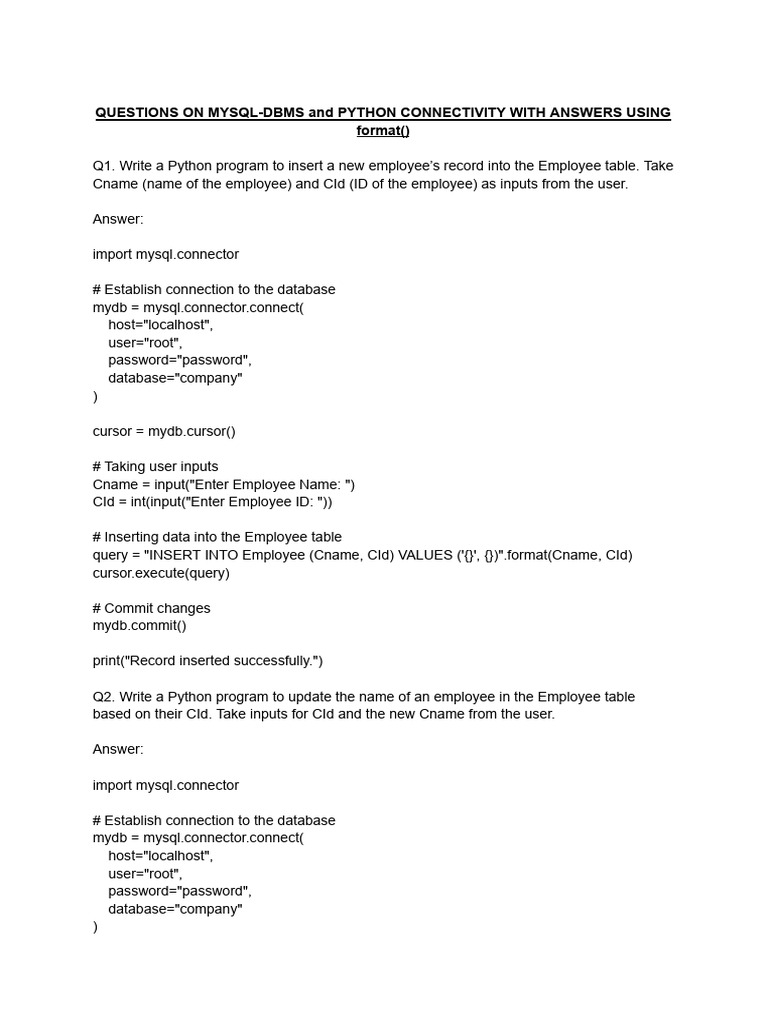 Questions On Mysql Dbms And Python Connectivity With Answers Using Format Pdf Databases Data