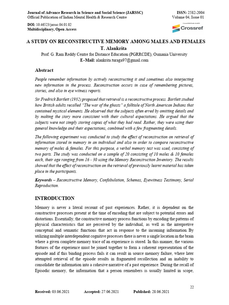 A Study On Reconstructive Memory Among Males and Females T. Alankrita | PDF | Recall (Memory ...