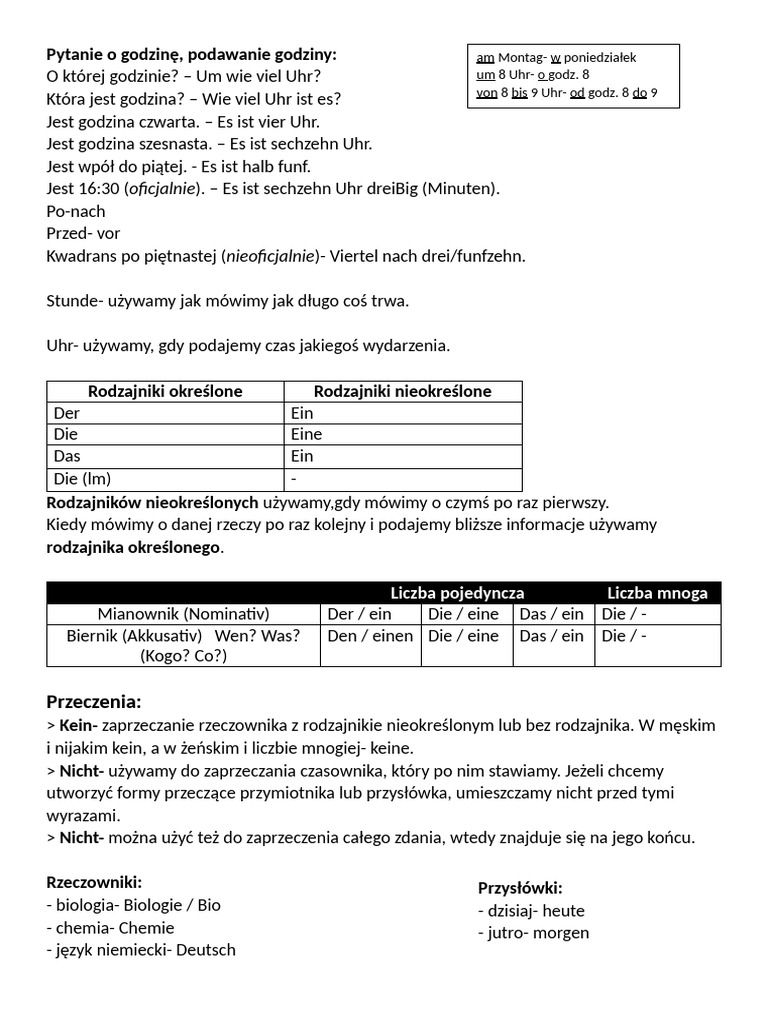Niemiecki Kartkówka Z Godzin | PDF