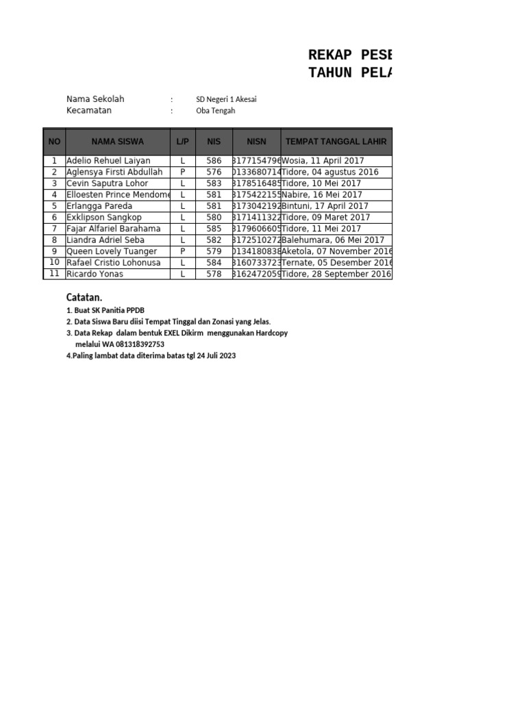 Format Rekap Peserta Didik Baru 2023 - 2024 | PDF